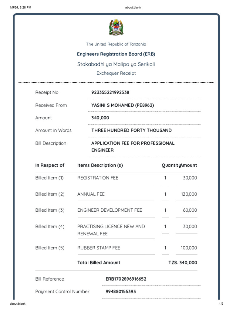 Stakabadhi Ya Malipo Ya Serikali: Engineers Registration Board (ERB) | PDF