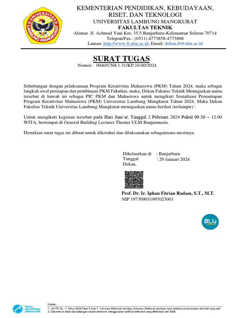 Surat Tugas PIC PKM 2024 | PDF
