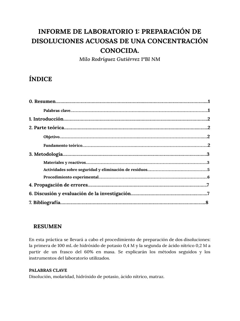 Práctica 1 Preparación de Disoluciones Acuosas de Una Concentración Conocida | PDF