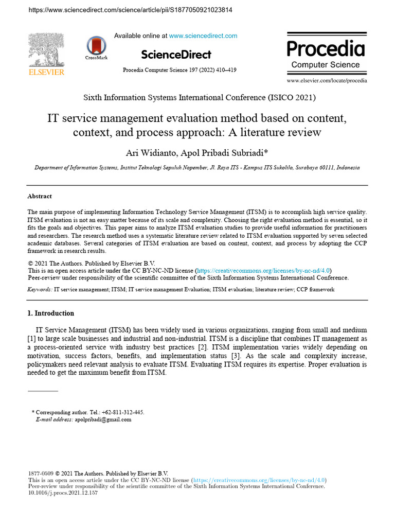 IT Service Management Evaluation Method Based On Content, Context, and Process Approach - A ...