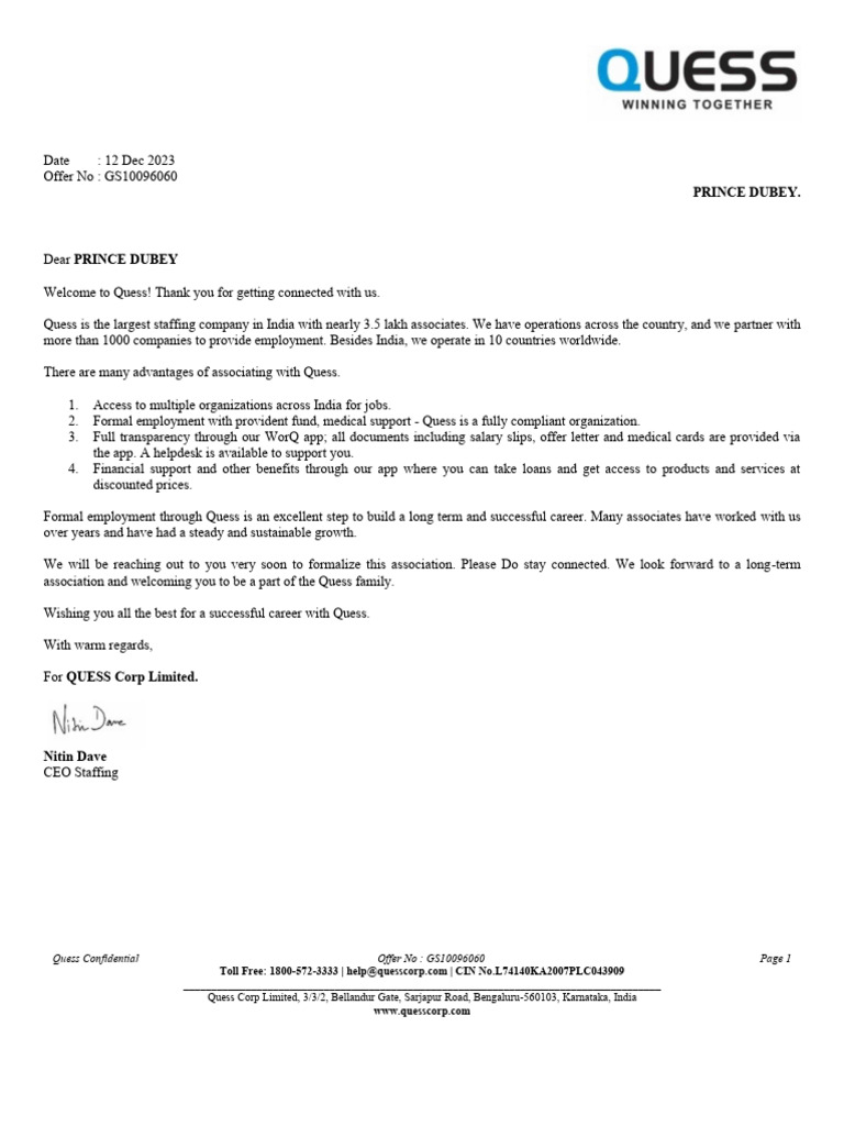 Swagatam Letter of Quess Company | PDF | Background Check | Employment