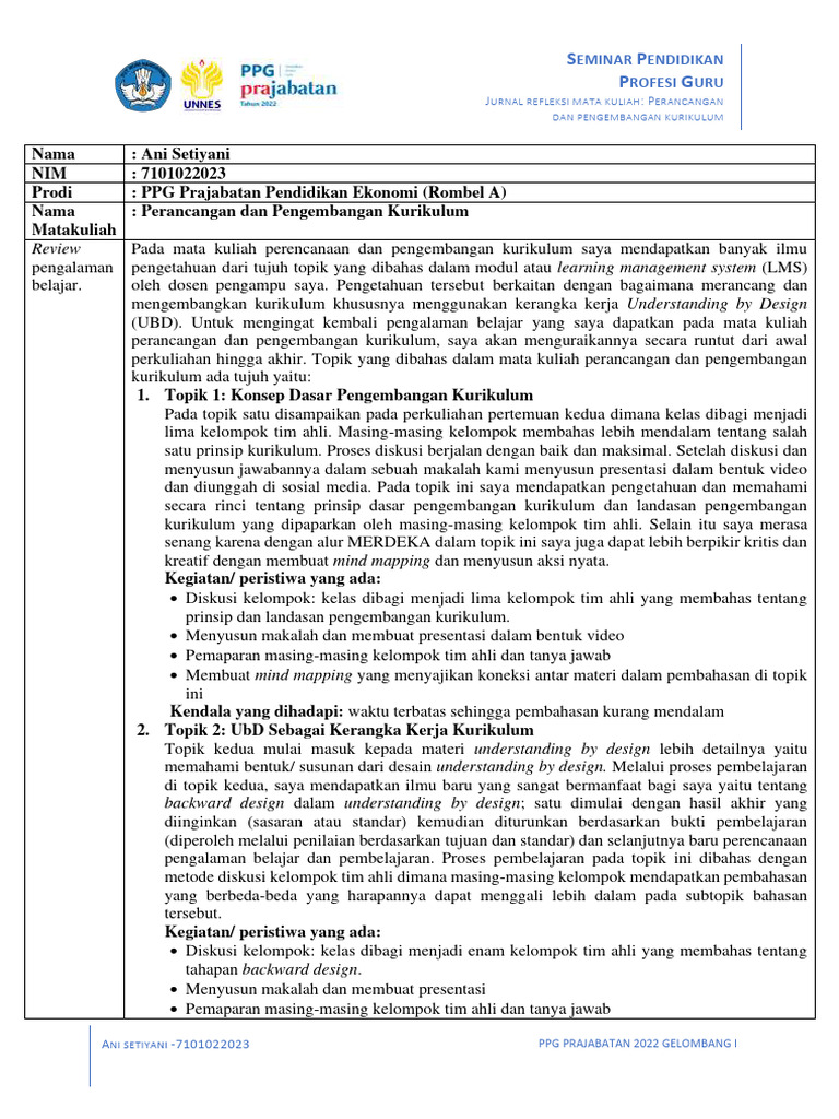 Jurnal Refleksi - Perancangan Dan Pengembangan Kurikulum - Ani Setiyani | PDF