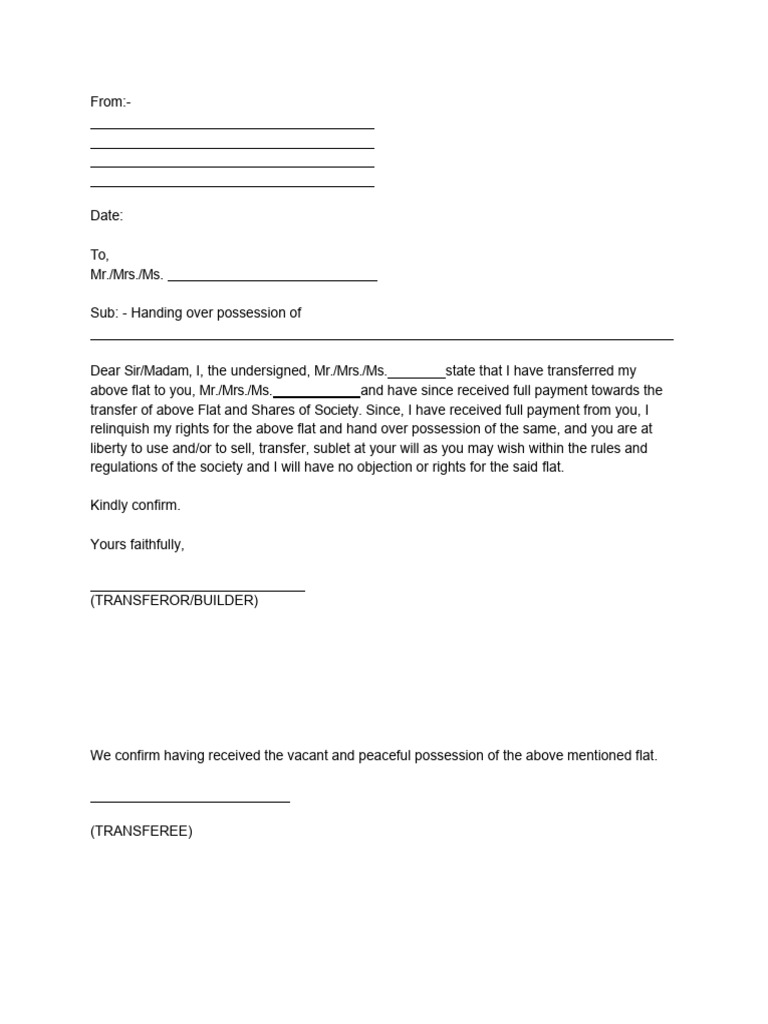Possession Letter Sample | PDF