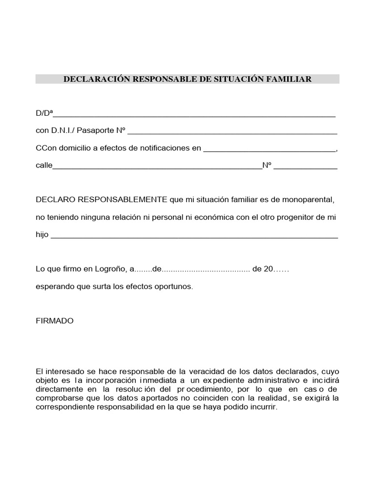 Modelo Declaración Jurada Familia Monoparental | PDF