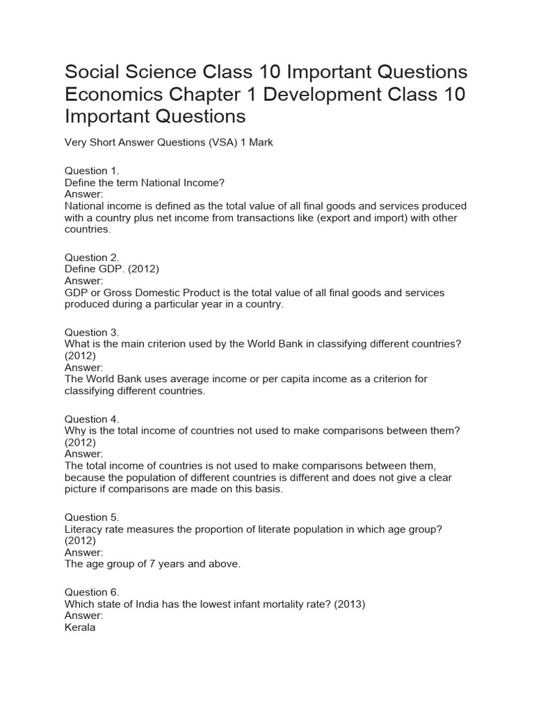 Social Science Class 10 Important Questions Economics Chapter 1 Development Class 10 Important ...