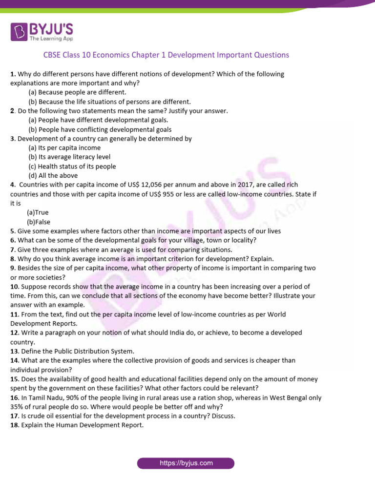CBSE Class 10 Economics Chapter 1 Development Important Questions | PDF ...