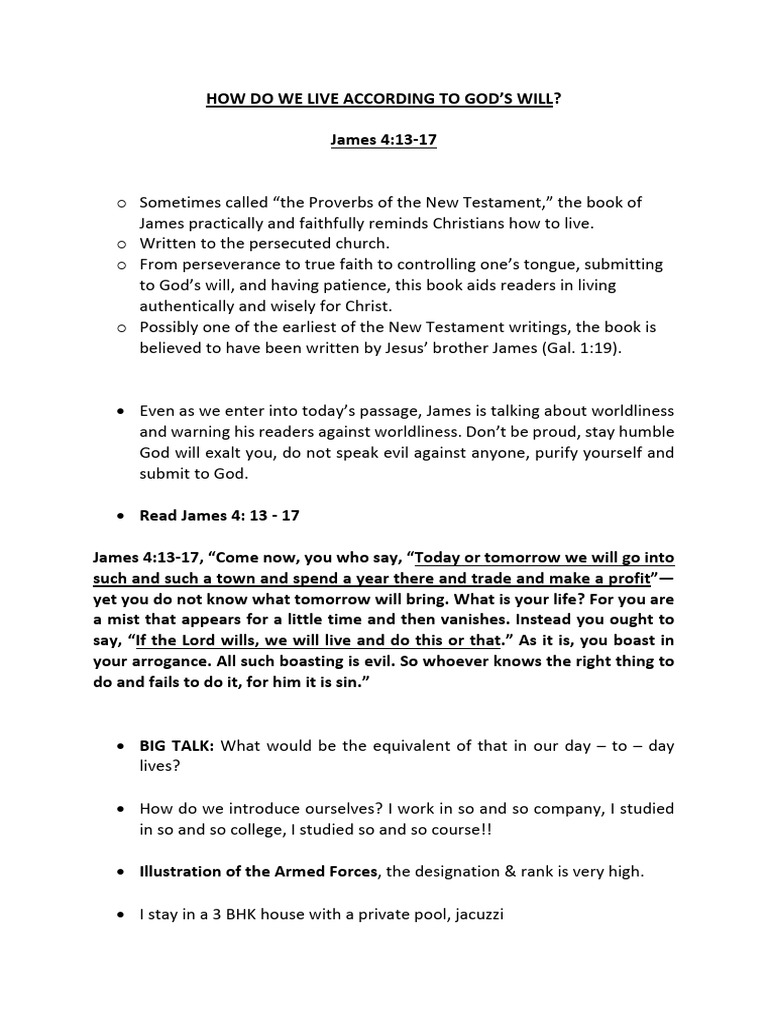 James CH 4 Vs 13-17 How Do We Live According To God's Will? | PDF ... James CH 4 Vs 13-17 How Do We Live According To God's Will? | PDF ...