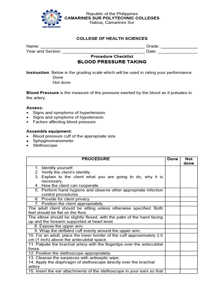Blood Pressure Procedure Checklist | PDF | Blood Pressure | Physiology