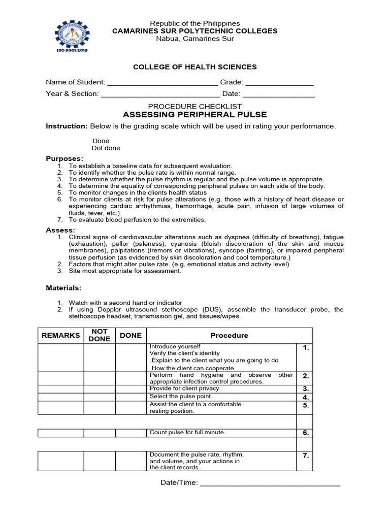 Pulse Rate Checklist | PDF | Pulse | Heart