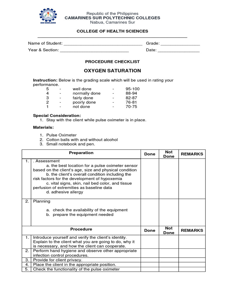 Oxygen Saturation Checklist | PDF | Clinical Medicine | Medical Specialties