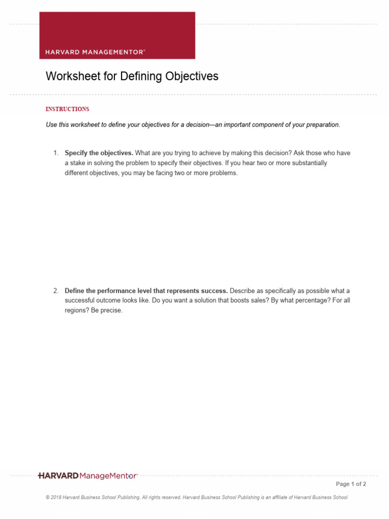 Worksheet For Defining Objectives | PDF