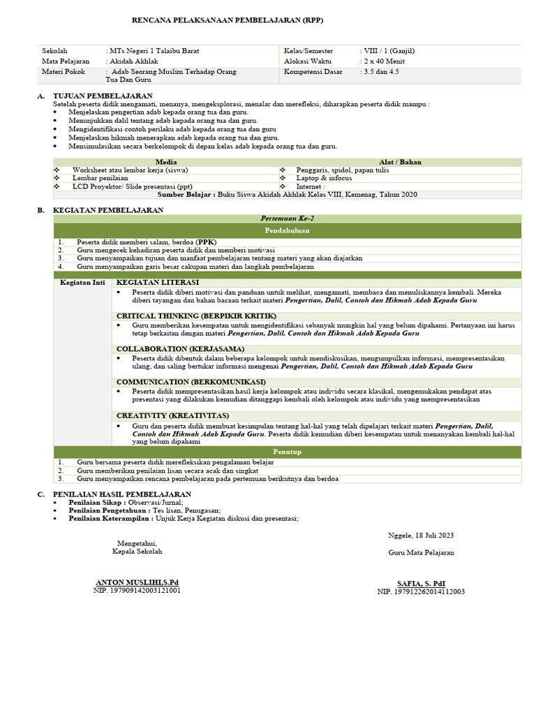 5.2 RPP I Akidah Akhlak VIII | PDF | Karier & Perkembangan | Sains & Matematika