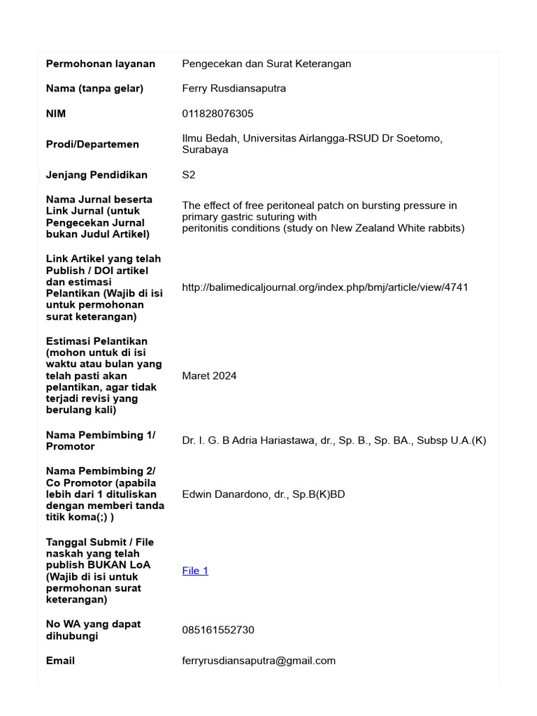 Permohonan Surat Keterangan Publikasi FK Unair 4060 | PDF