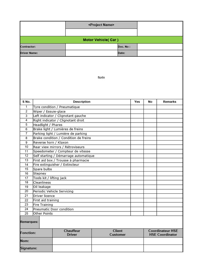 Motor Vehicle Inspection HSE Checkllist | PDF