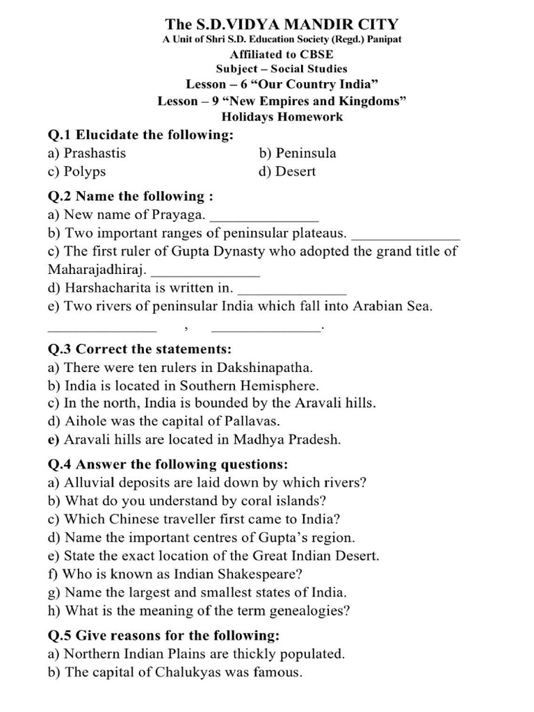Holidays Homework of SST Class 6th | PDF