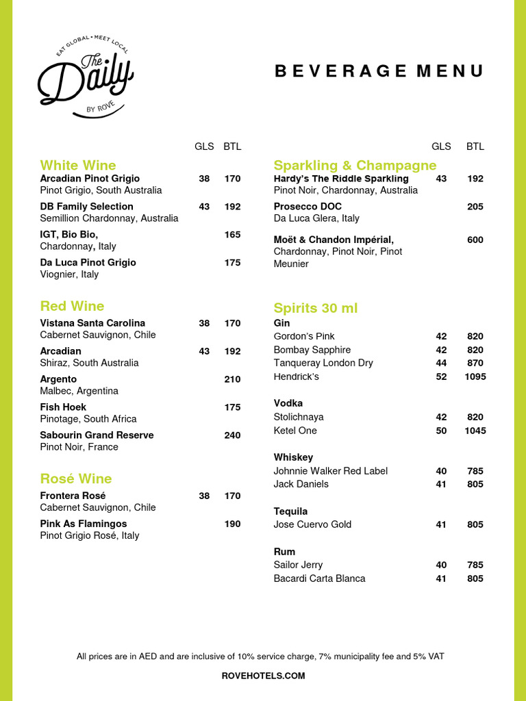 Rove Hotels Beverage Menu Prices | PDF