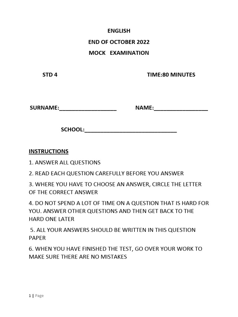 STD 4 Mock Exam (English) 2022 | PDF