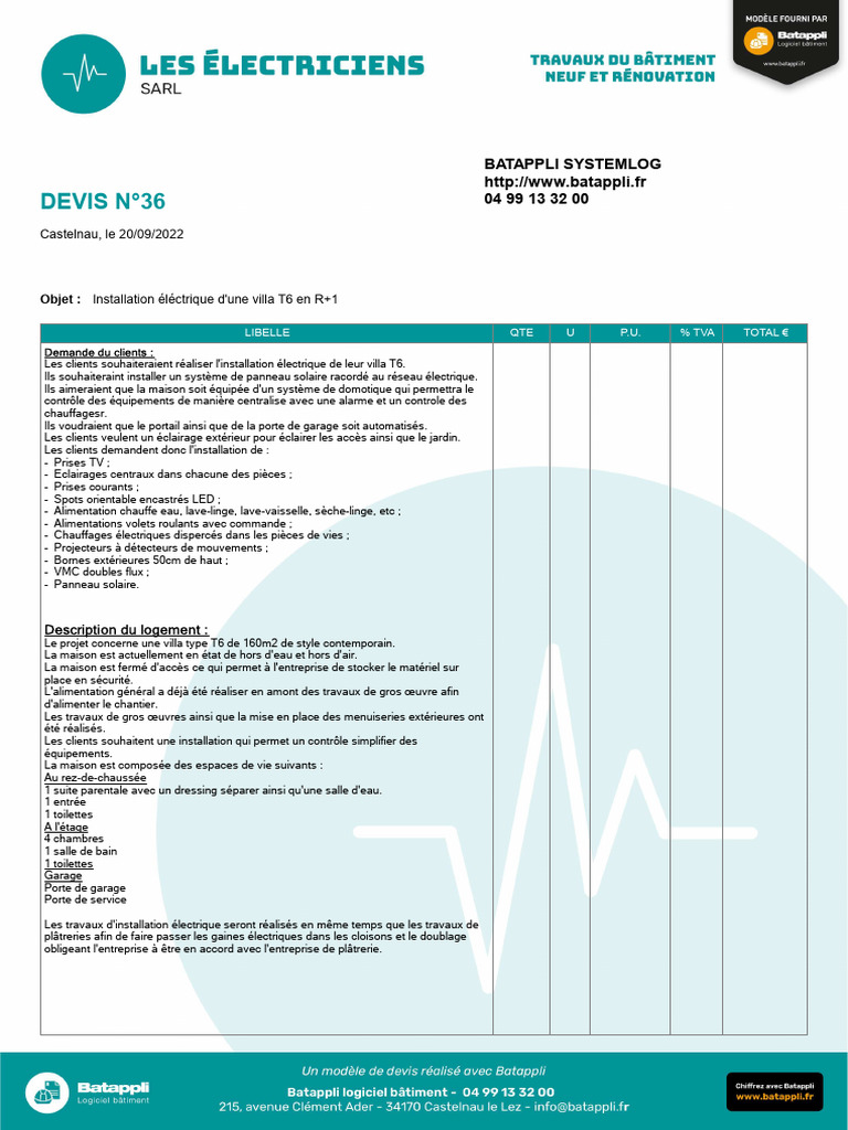 Modele de Devis Electricite Villa T6 MDT159 | PDF | Chauffage électrique | Radiateur