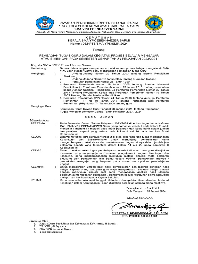 SK Pembagian Tugas Ajar 2023-2024 Genap | PDF