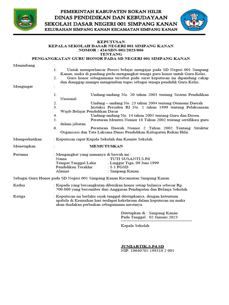 SK Pengangkatan Guru Honor | PDF