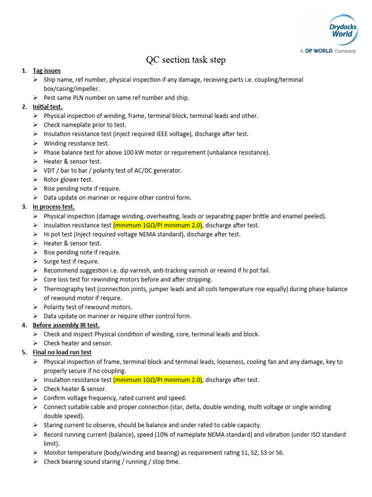 QC Workshop Work Process | PDF | Electric Motor | Electrical Resistance And Conductance