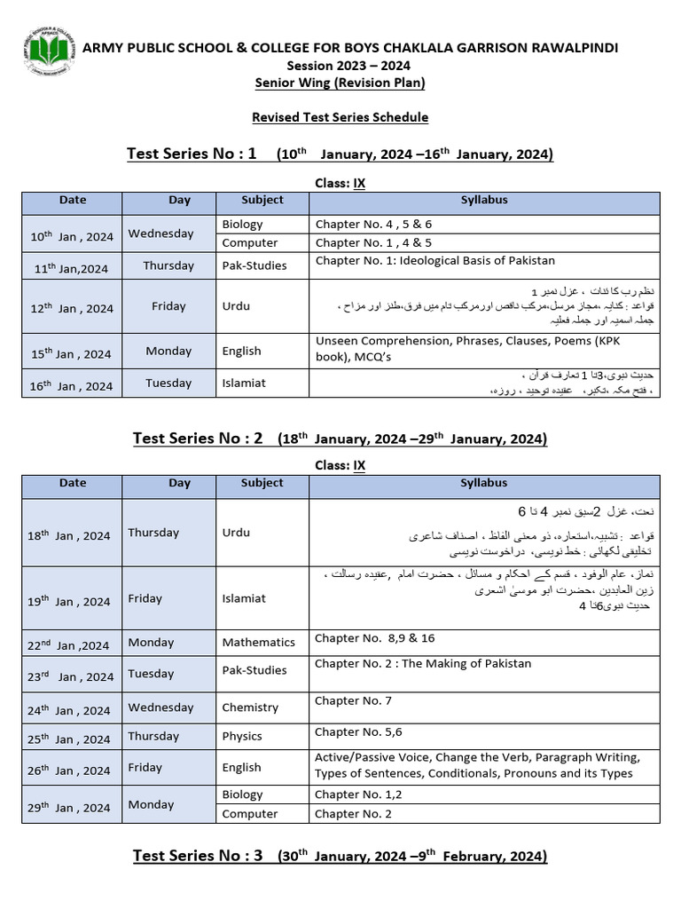 Class IX Test Series Schedule 2024 | PDF