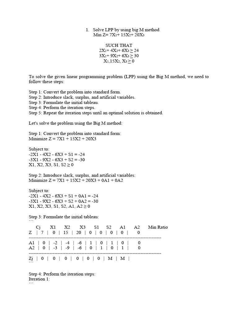 Solve LPP by Using Big M Method | PDF
