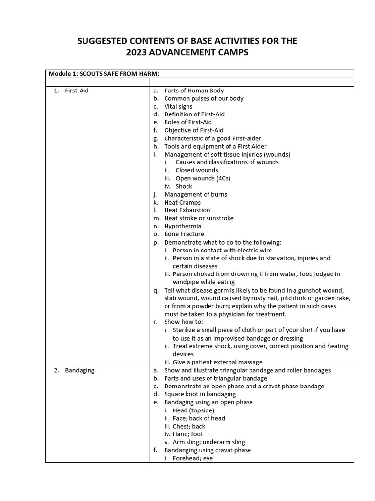 SUGGESTED CONTENTS For Advancement Camp Activities | PDF | First Aid ...