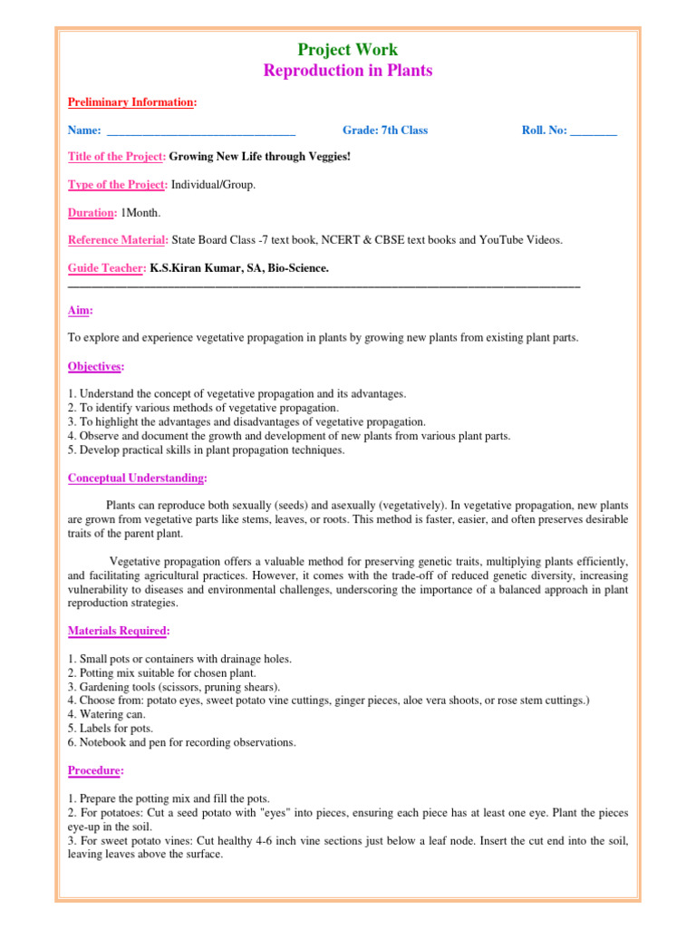 Class 7 Project Work Reproduction in Plants | PDF