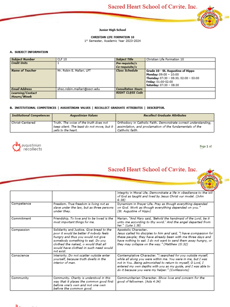 Christian Life Formation Grade 10 Syllabus | PDF | Conscience | Faith