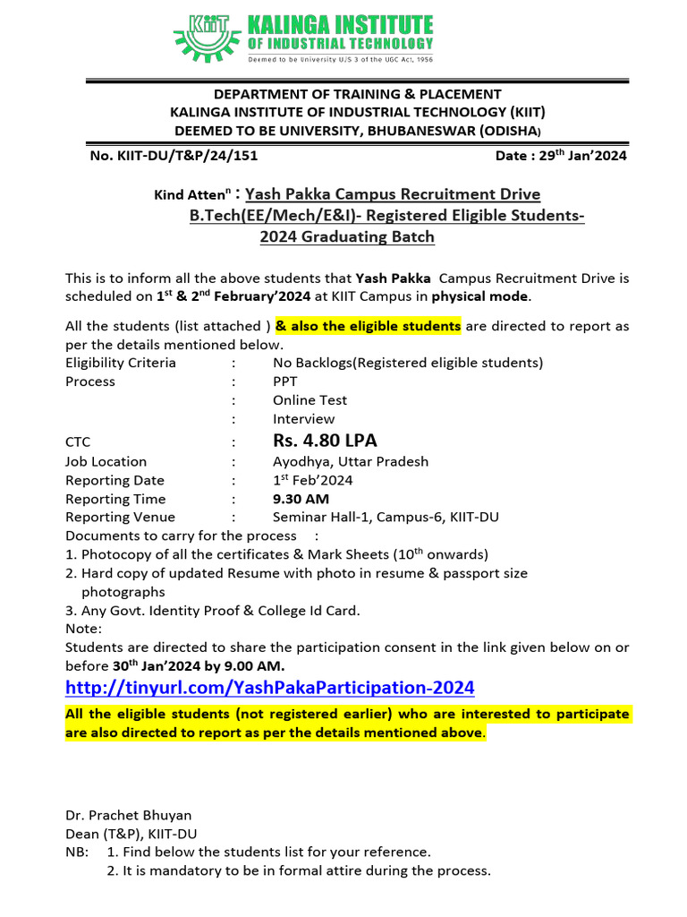 Reminder Notice - Yash Pakka Campus Recruitment Drive On 1st & 2nd Feb ...