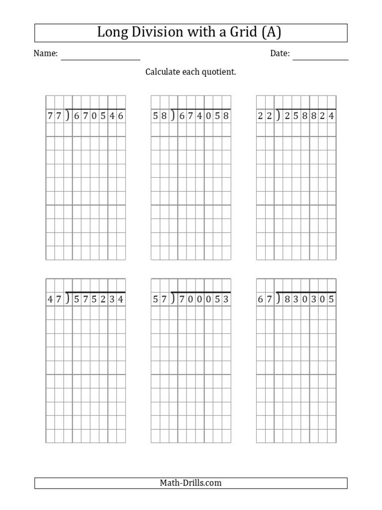 Division Long Grid 2digit Divisor 6digit Dividend Remainders All ...