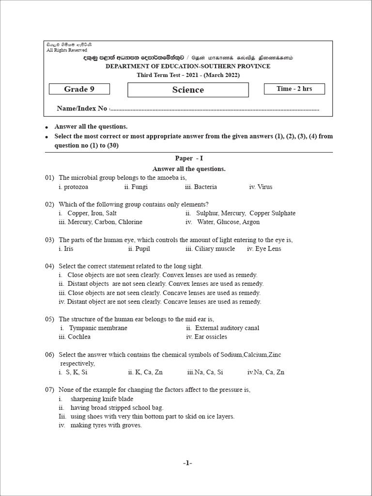 Grade 9 Science Exam | PDF