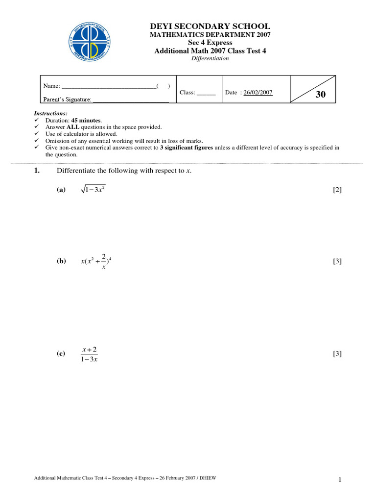 Additional Mathematics Class Test 4 - Differentiation | PDF | Tangent ...