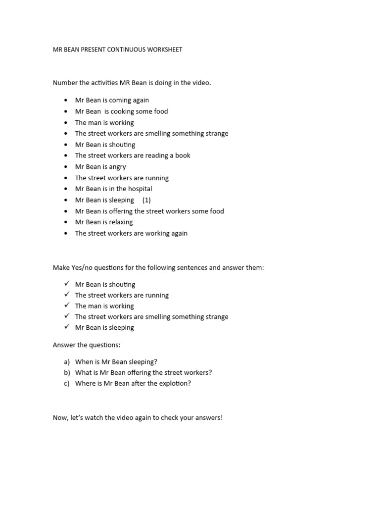 Mr Bean Present Continuous Activities | PDF