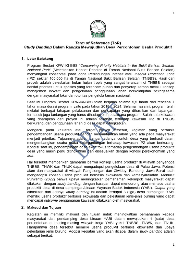 (Draft) ToR - Studi Banding Di Ciwiduey Bandung - FTL | PDF