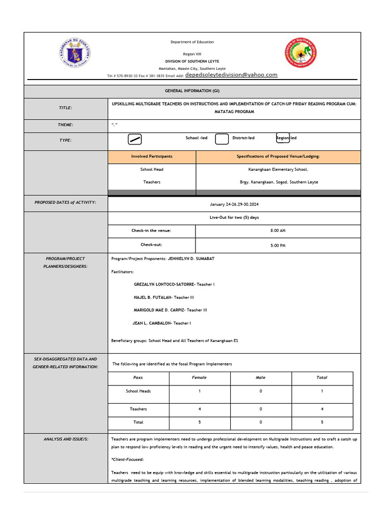 Training-proposal-InSET - Multigrade Instruction and Catch Up Fridays | PDF