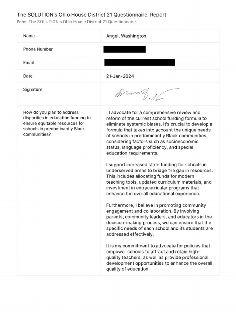 Angel Washington's Questionnaire For Ohio House District 21. | PDF ...