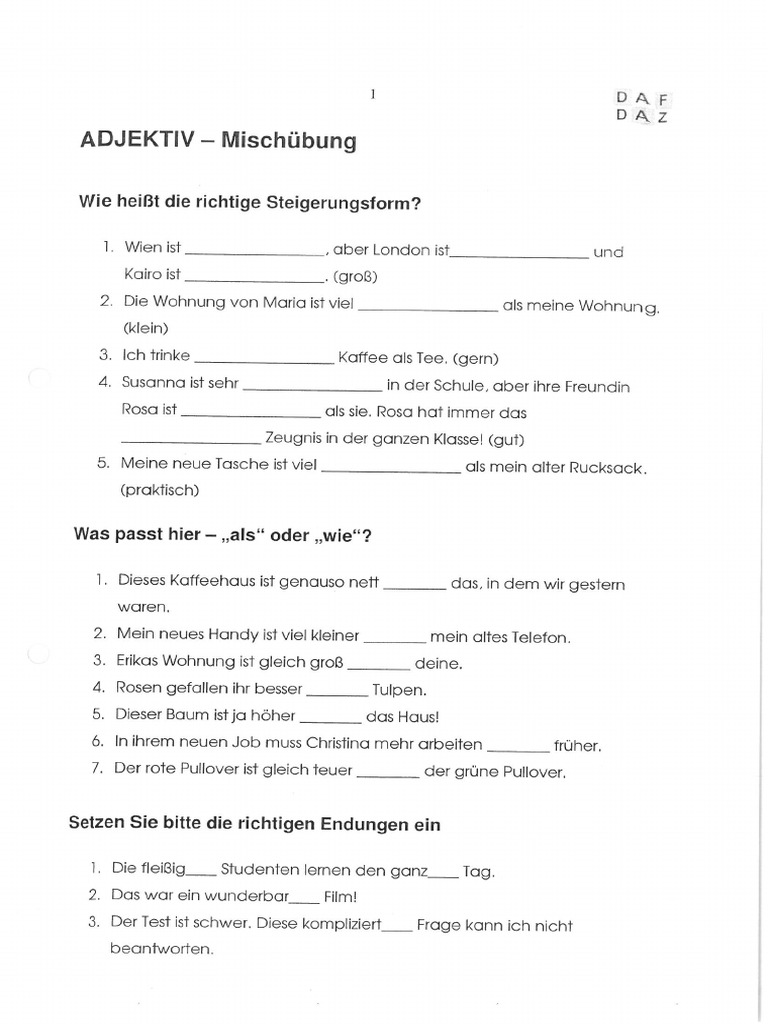Adjektiv - Mischübung DAF DAZ | PDF