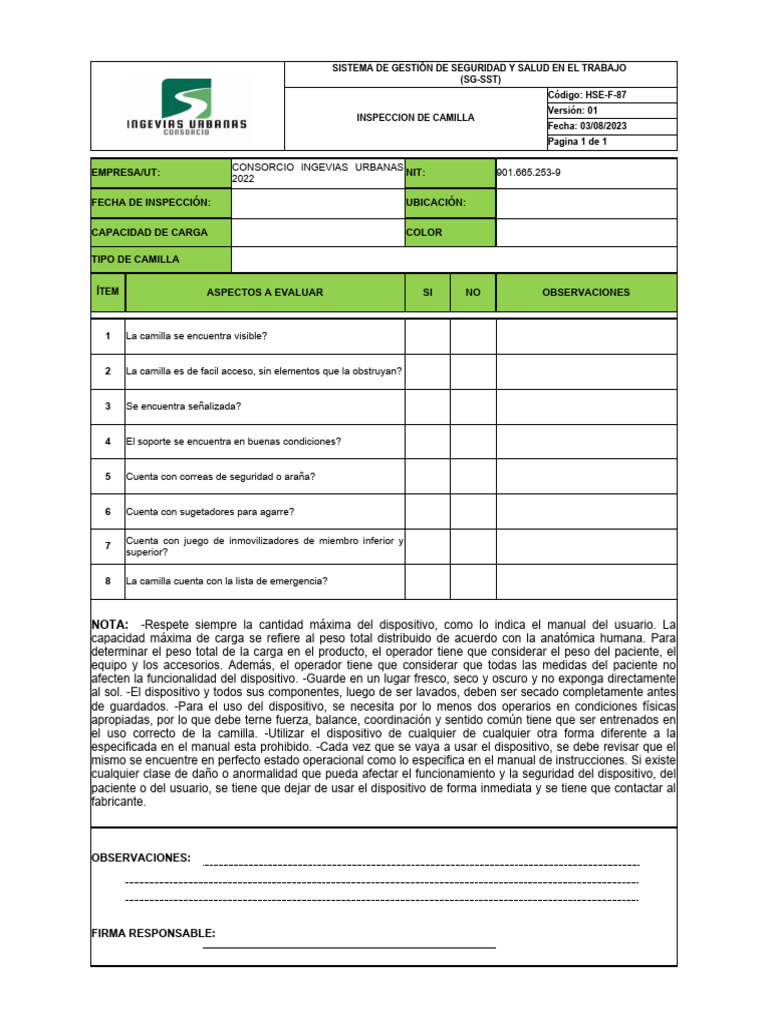 Copia de 11. HSE-F-87 INSPECCION DE CAMILLA | PDF