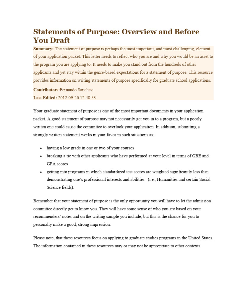 Statements of Purpose | PDF
