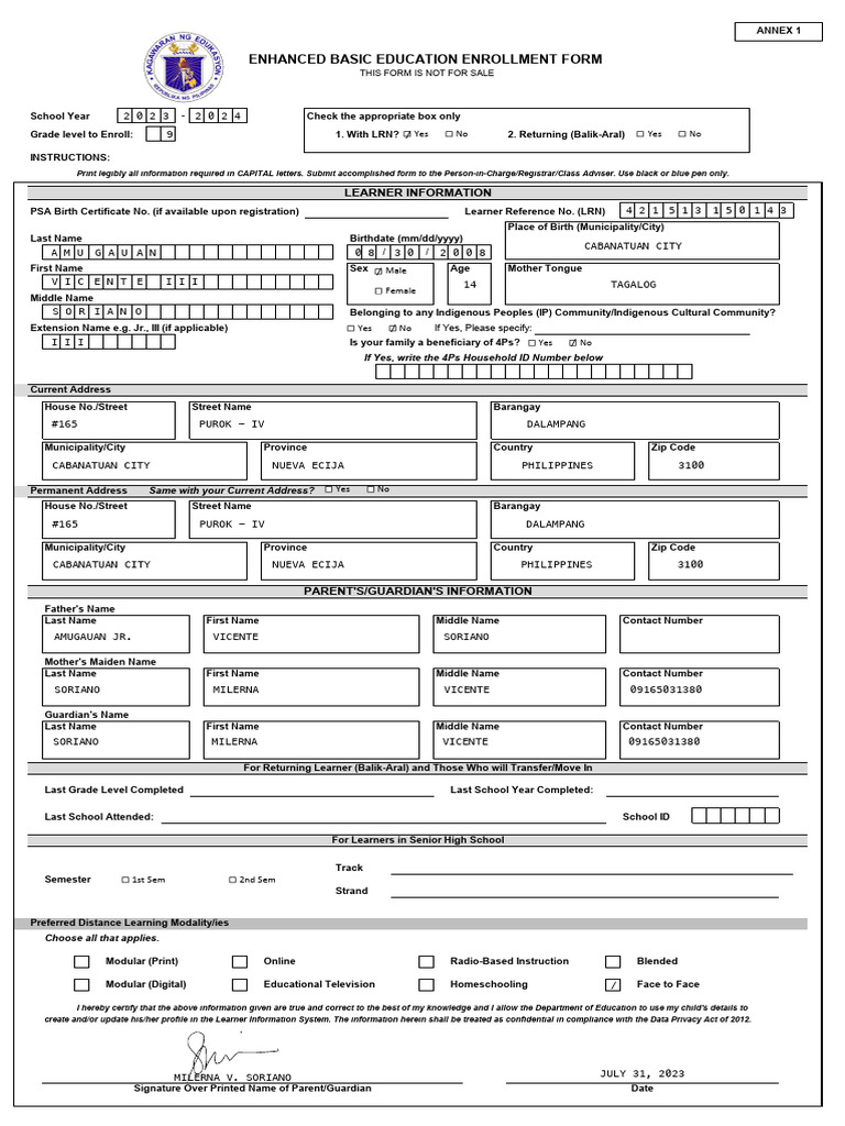 Enhanced Basic Education Enrollment Form | PDF