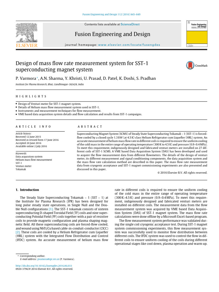 Design of Mass Flow Rate Measurement System For SST - 2016 - Fusion Engineering | PDF