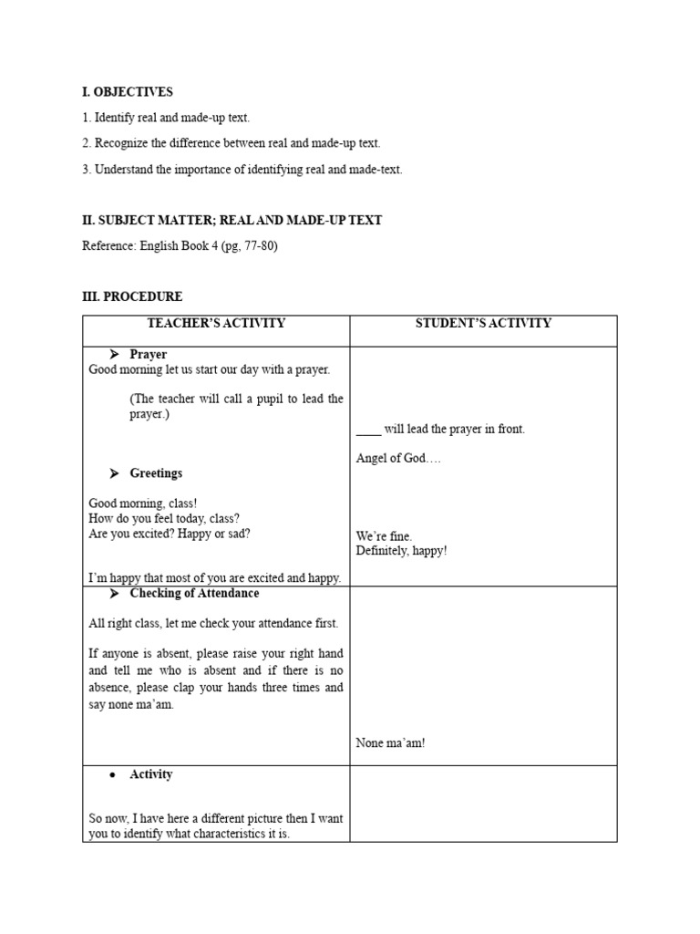 Real vs. Made-Up Text Lesson Plan | PDF