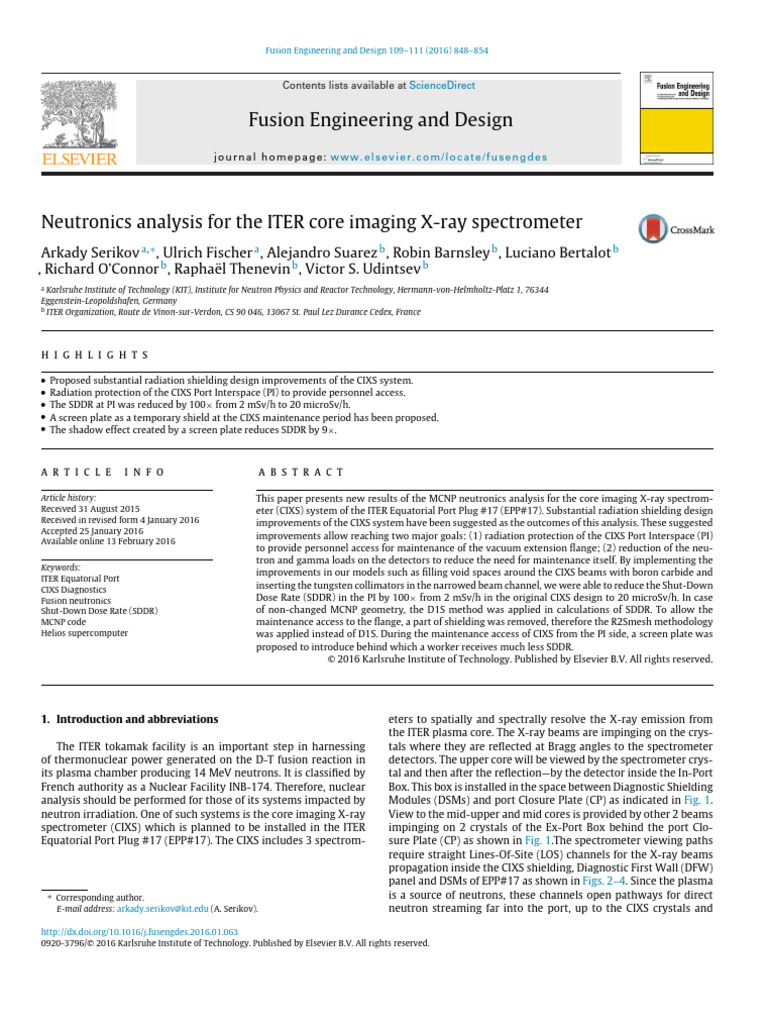 Neutronics Analysis For The ITER Core Imaging X R - 2016 - Fusion Engineering An | PDF