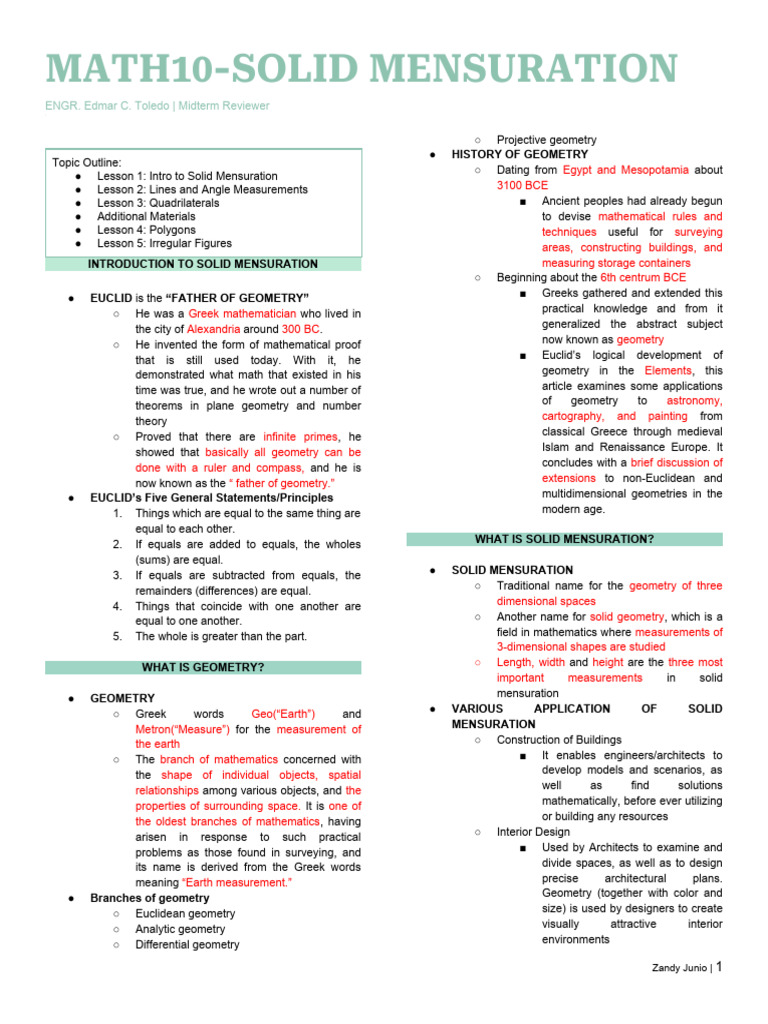 Solid Mensuration Reviewer | PDF | Triangle | Area