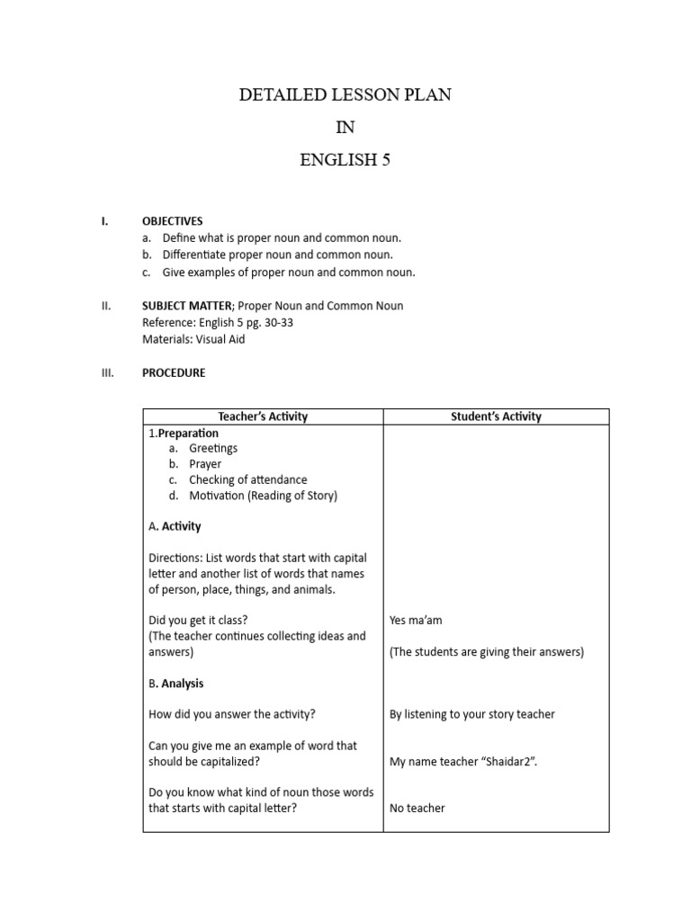 Detailed Lesson Plan in English: Proper and Common Noun | PDF | Noun ...