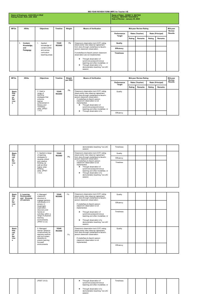 Mid-Year Review Form for Teachers 2024 | PDF | Educational Assessment ...
