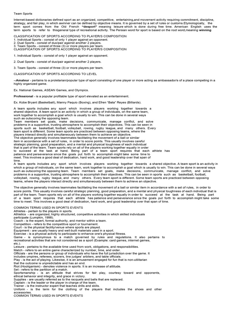 Team Sports Handout | PDF