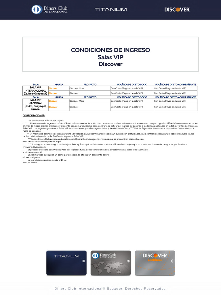 Terminos y Condiciones-Acceso A Salas VIP Discover | PDF